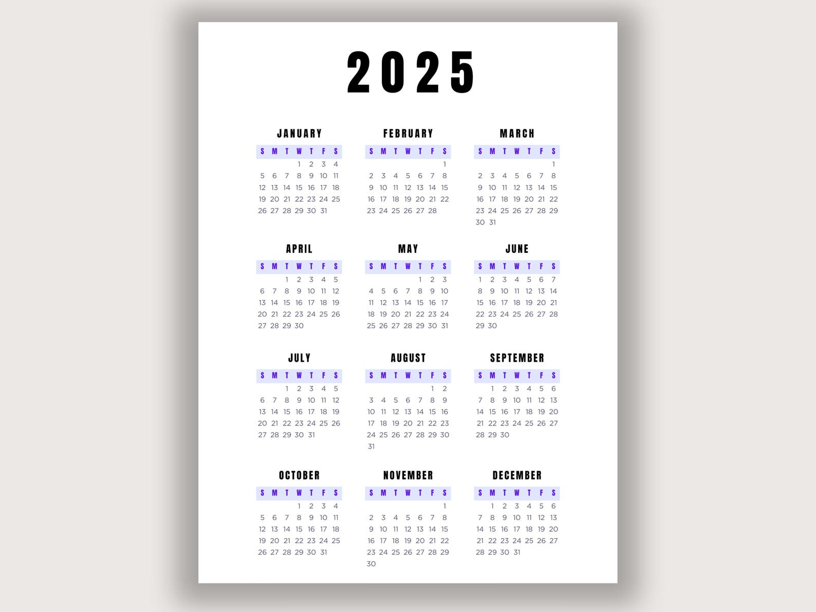 2025 Calendar- 12 Month - Single Page - PDF - Instant Download ...