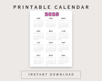 2025 Pink Calendar- 12 Month - Single Page - PDF - Instant Download ...