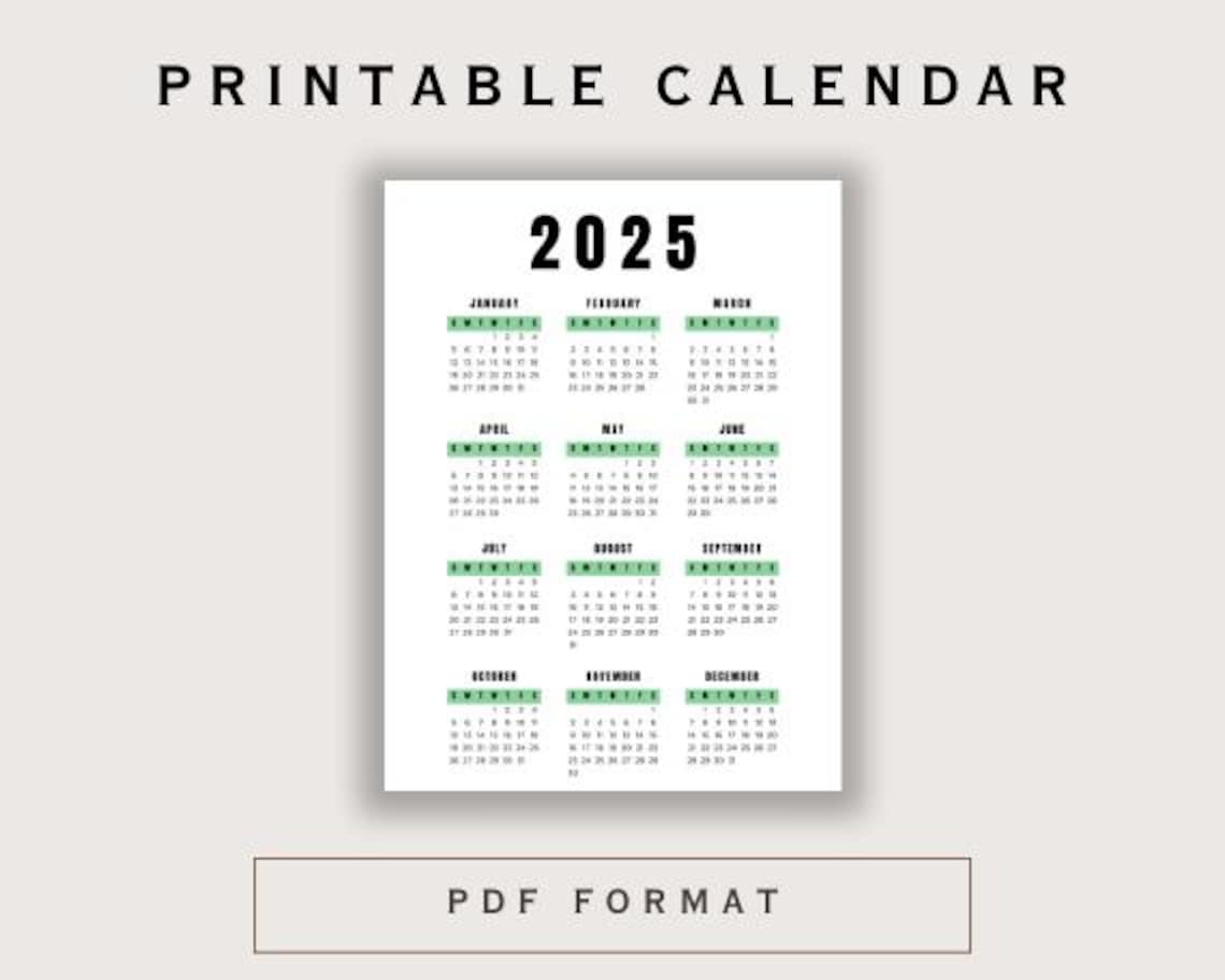 2025 Calendar- 12 Month - Single Page - PDF - Instant Download ...