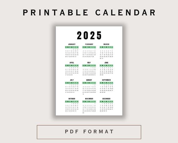 2025 Calendar- 12 Month - Single Page - PDF - Instant Download ...
