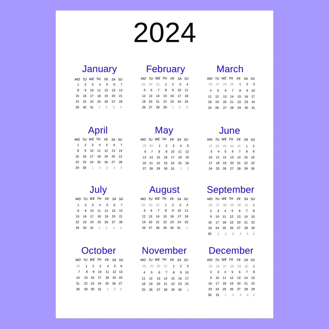 2024 Calendar- 12 Month - Single Page - PDF - Instant Download ...