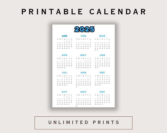 2025 Calendar- 12 Month - Single Page - PDF - Instant Download ...