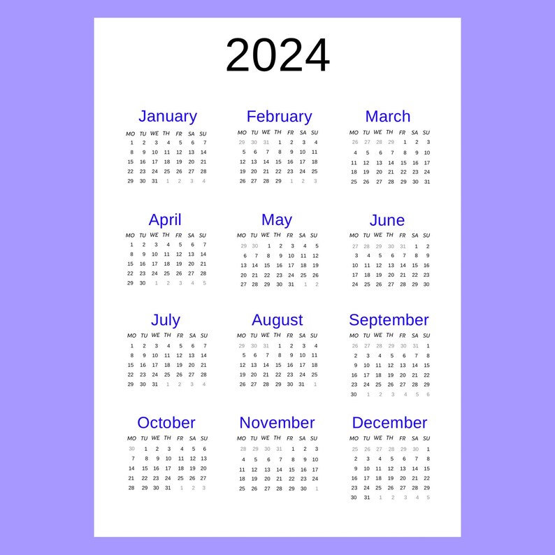 2024 Calendar 12 Month Single Page PDF Instant Download Printable ...