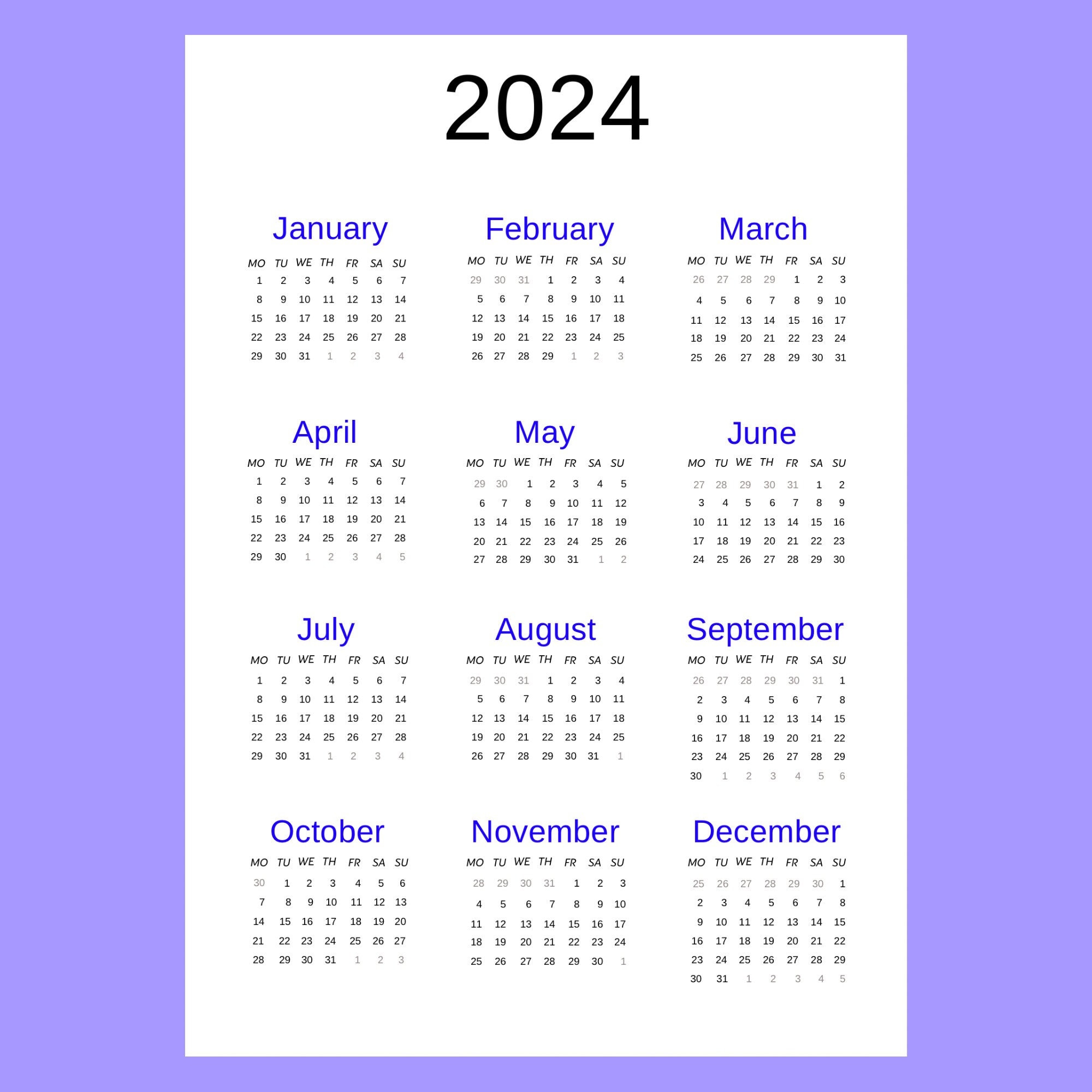 2024 Calendar 12 Month Single Page PDF Instant Download Printable ...