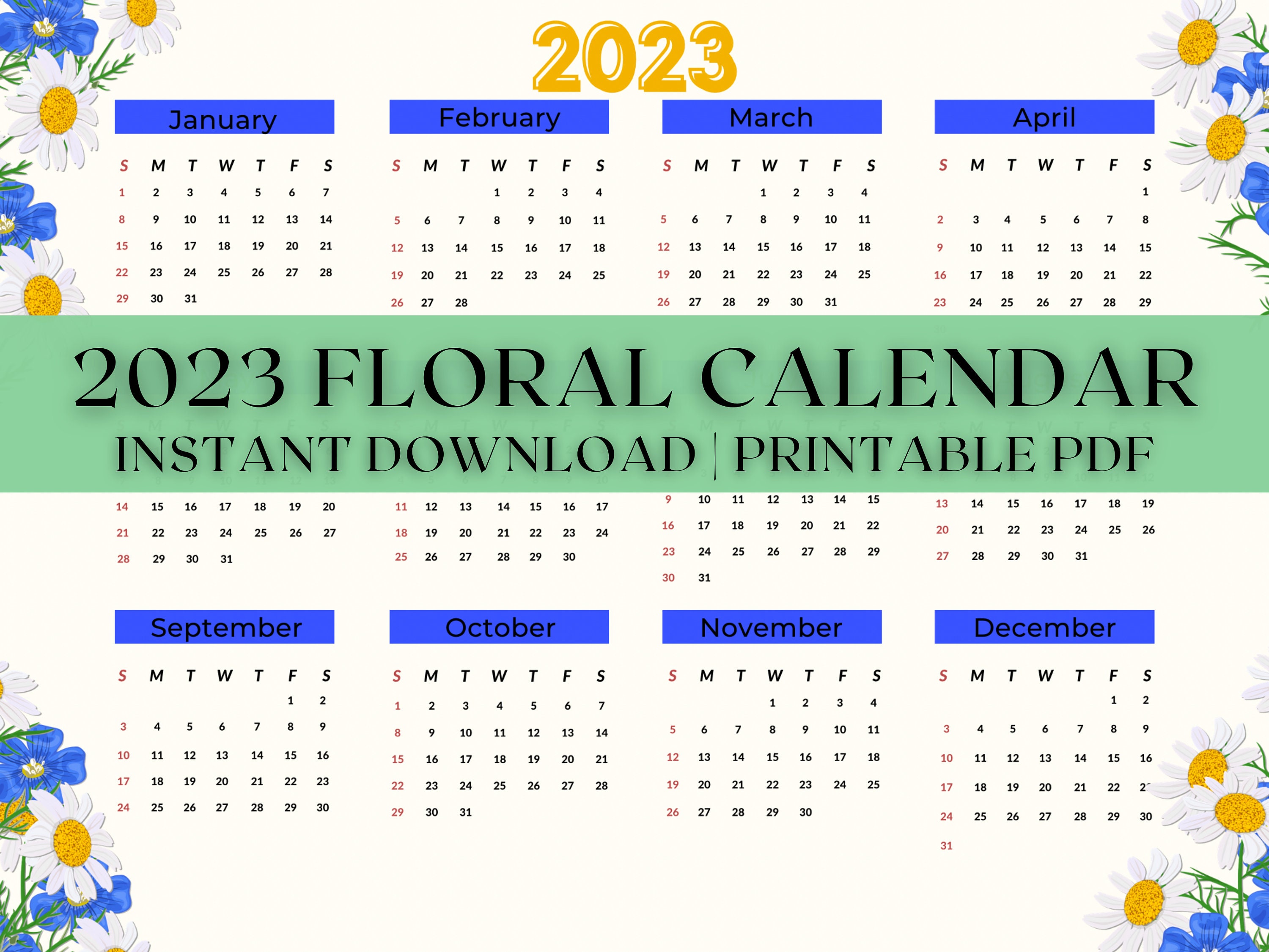 2023 Calendar Full Year Calendar 12 Month Instant Download - Etsy