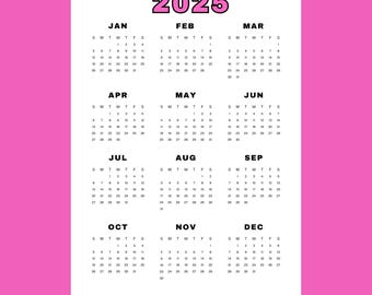 2025 Pink Calendar- 12 Month - Single Page - PDF - Instant Download ...