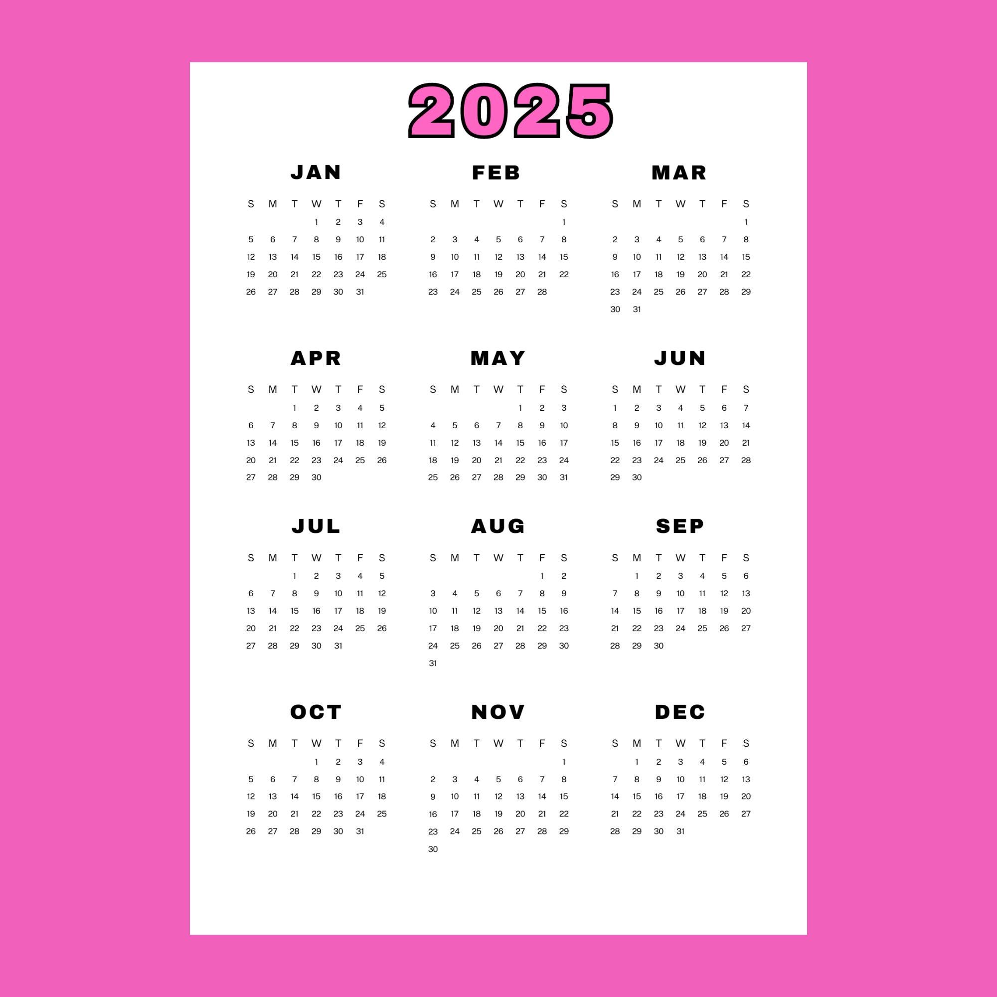 2025 Pink Calendar- 12 Month - Single Page - PDF - Instant Download ...