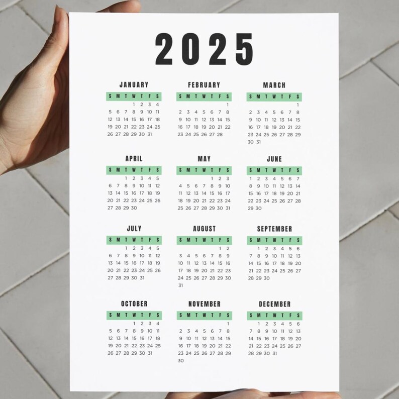 2025 Calendar- 12 Month - Single Page - PDF - Instant Download ...