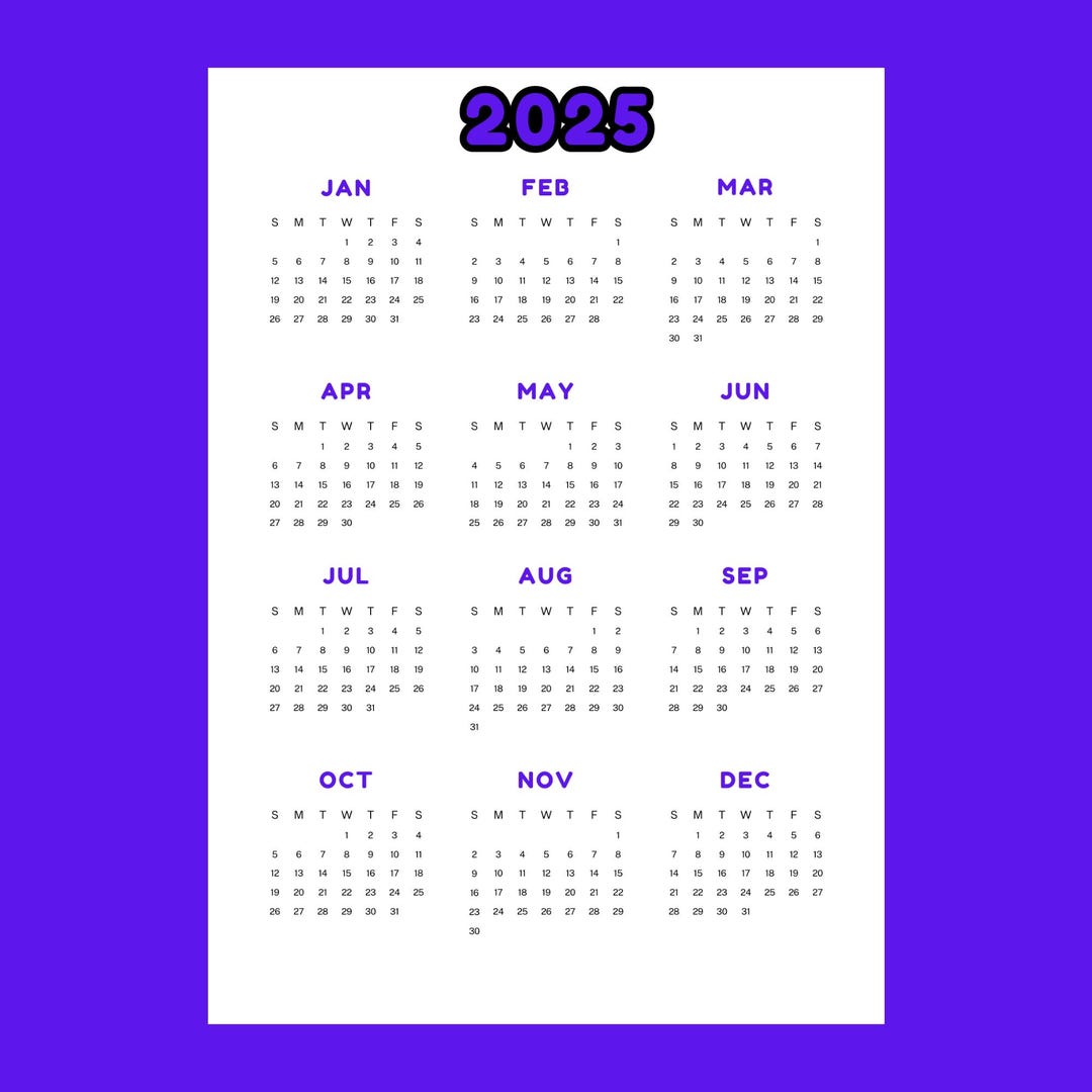 2025 Calendar- 12 Month - Single Page - PDF - Instant Download ...
