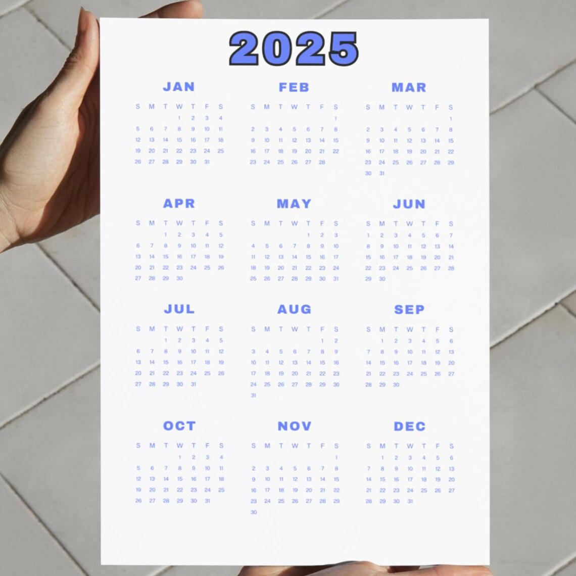2025 Calendar- 12 Month - Single Page - PDF - Instant Download ...