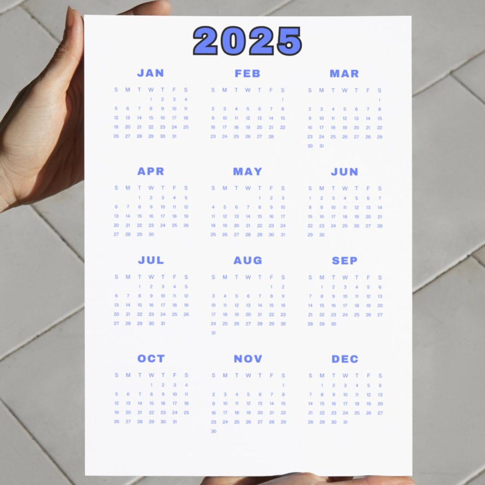 2025 Calendar- 12 Month - Single Page - PDF - Instant Download ...