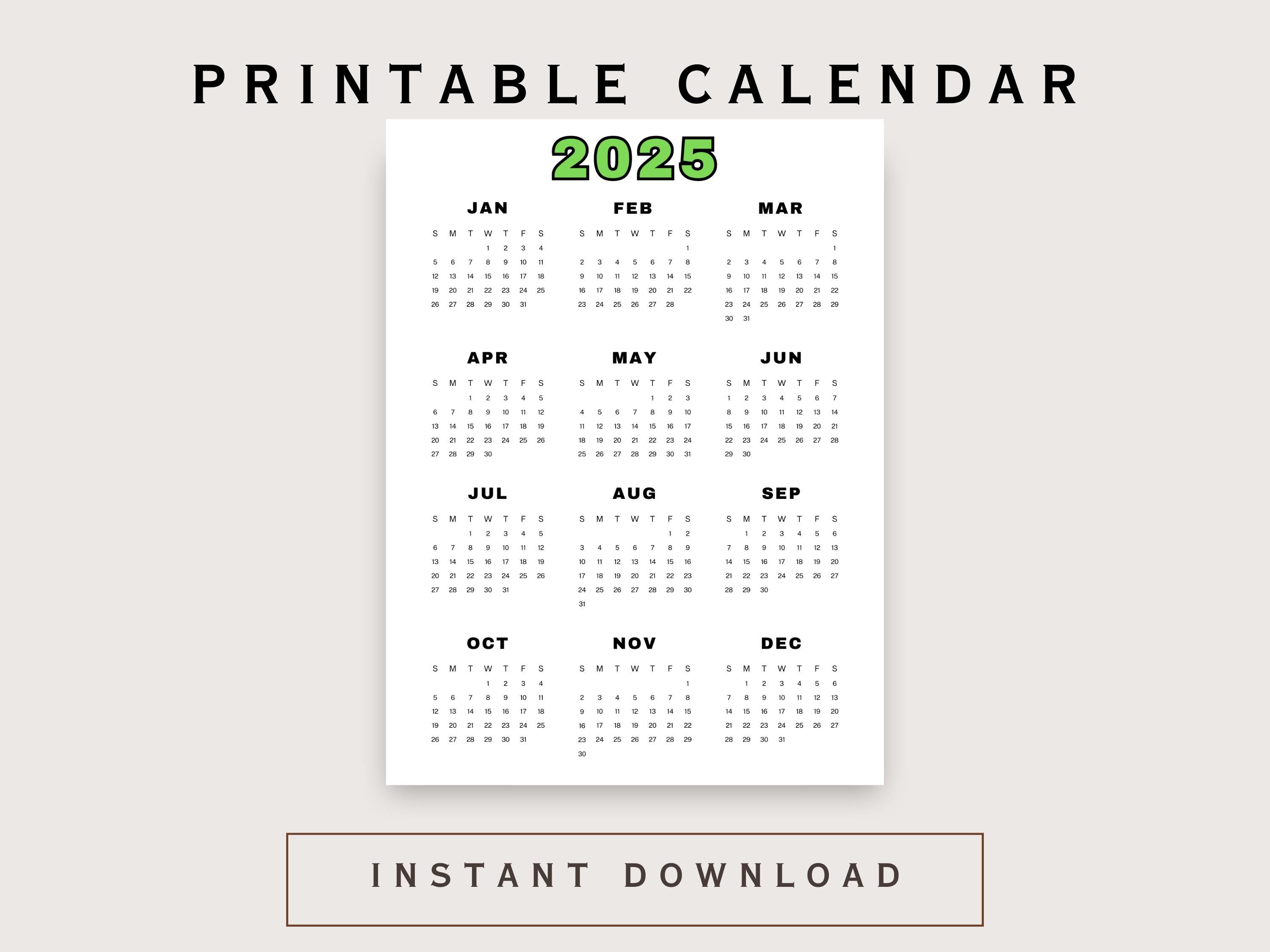2025 Calendar- 12 Month - Single Page - PDF - Instant Download ...