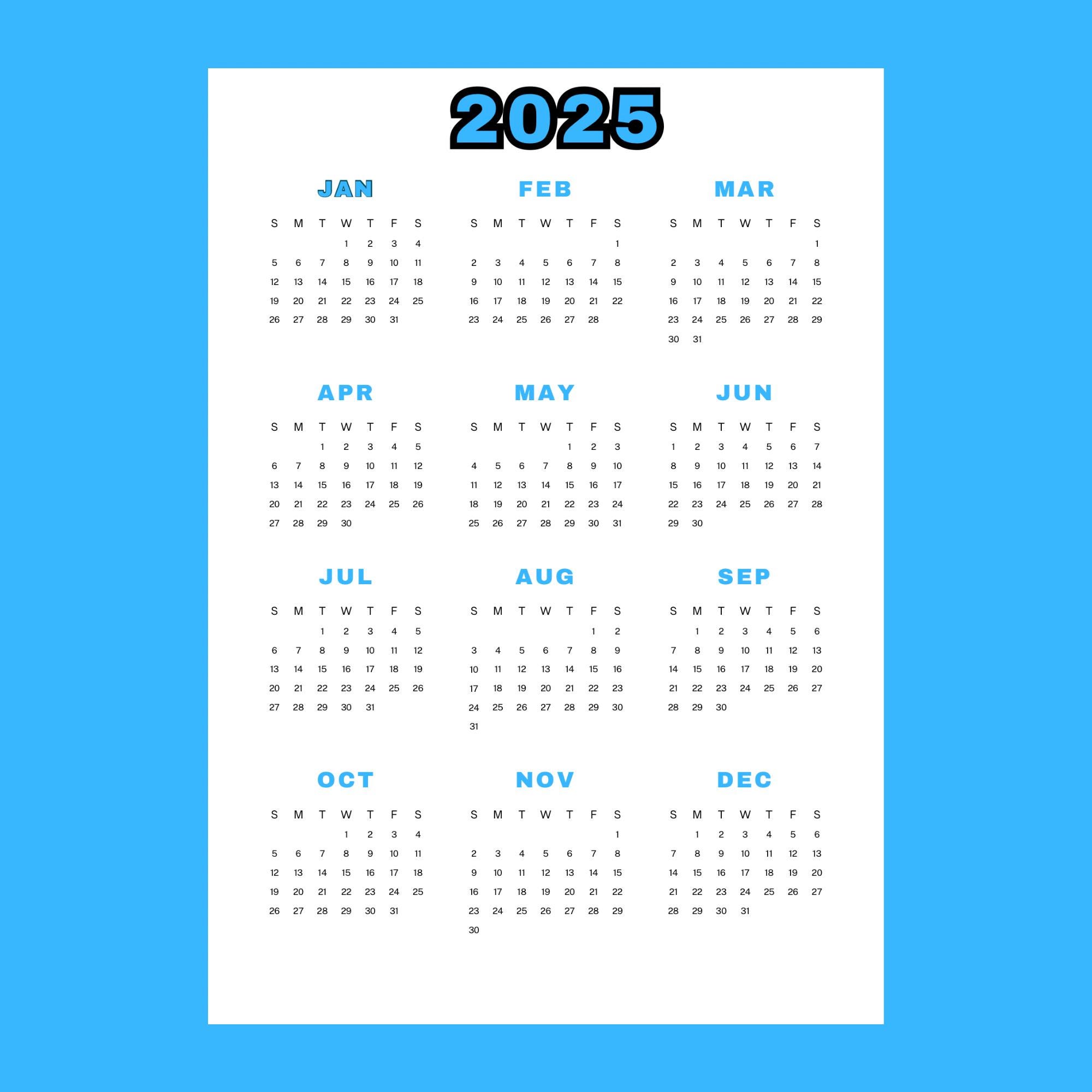 2025 Calendar- 12 Month - Single Page - PDF - Instant Download ...