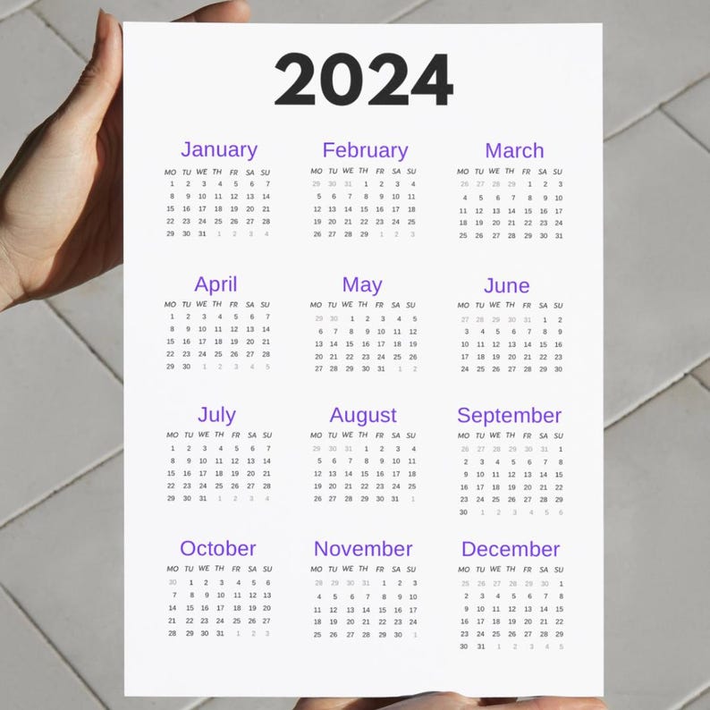 Kalender 2024 12 maanden enkele pagina pdf direct downloaden afdrukbaar ...