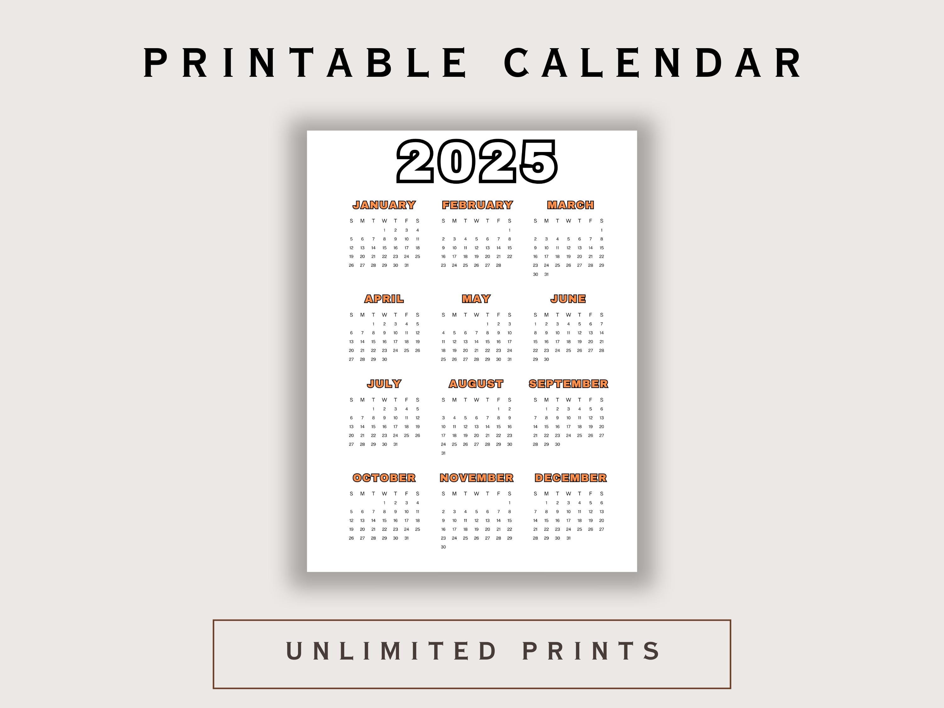 2025 Calendar- 12 Month - Single Page - PDF - Instant Download ...