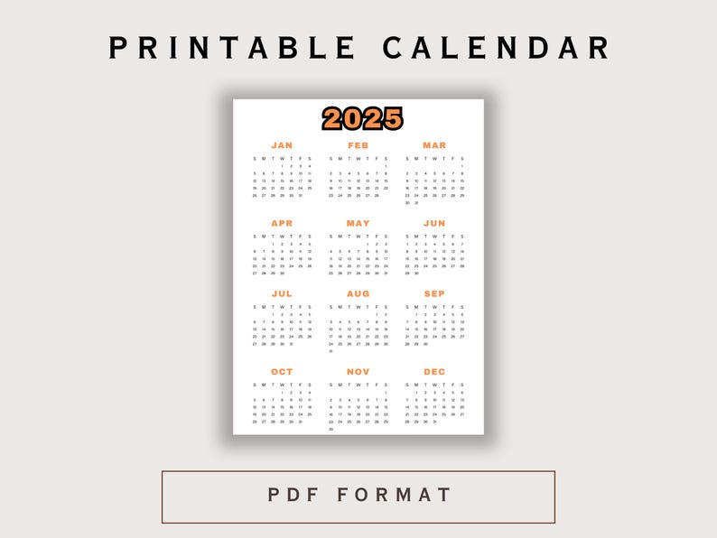 2025 Calendar- 12 Month - Single Page - PDF - Instant Download ...