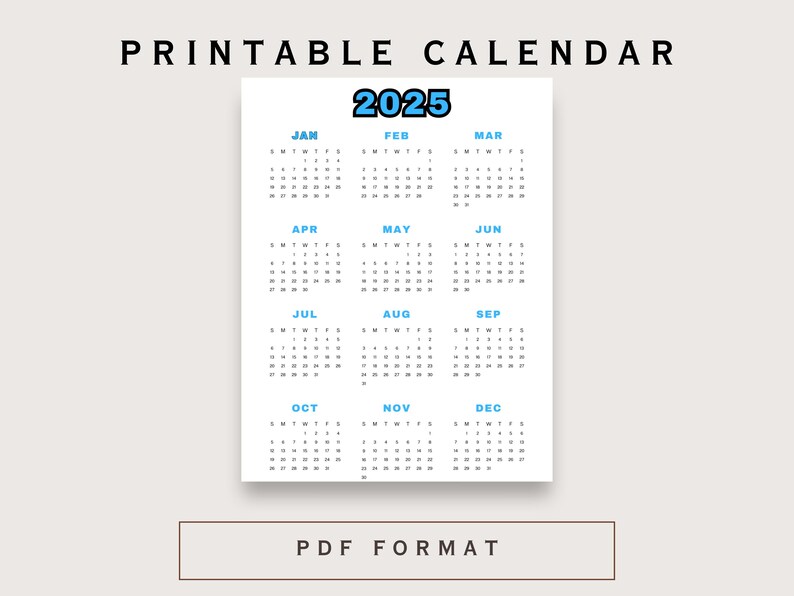 2025 Calendar- 12 Month - Single Page - PDF - Instant Download ...