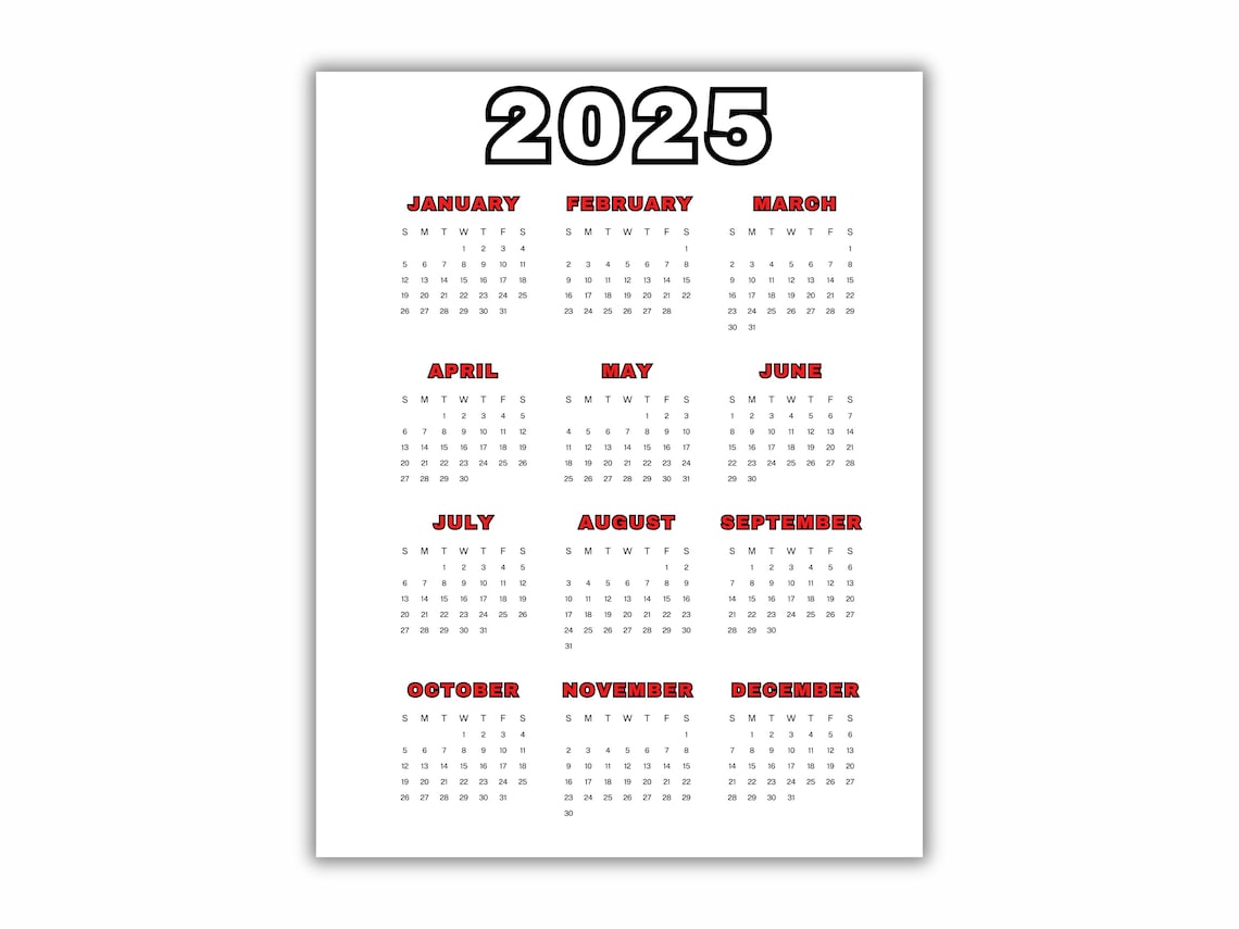 2025 Calendar- 12 Month - Single Page - PDF - Instant Download ...