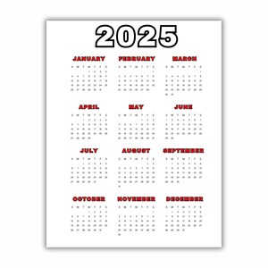 2025 Calendar- 12 Month - Single Page - PDF - Instant Download ...