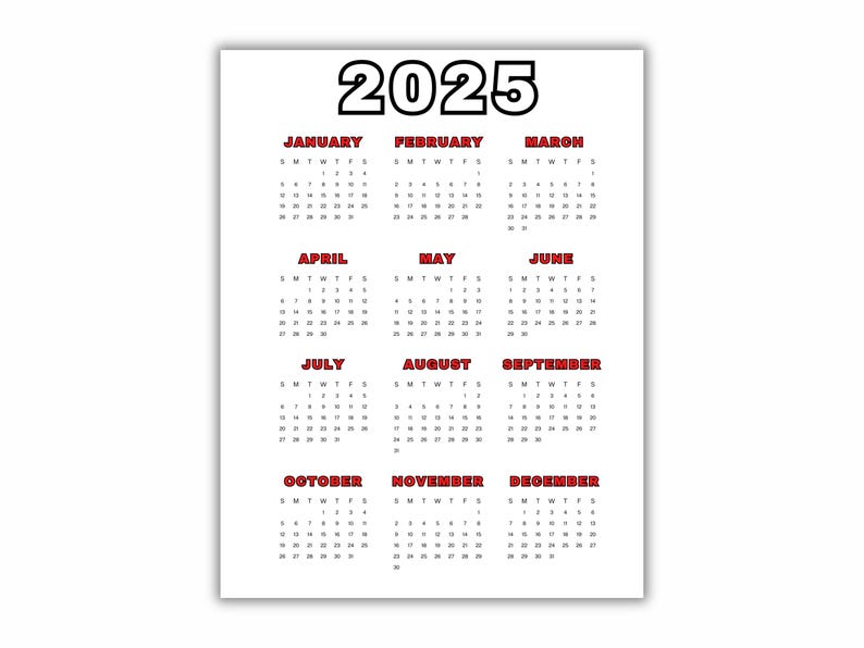 2025 Calendar- 12 Month - Single Page - PDF - Instant Download ...