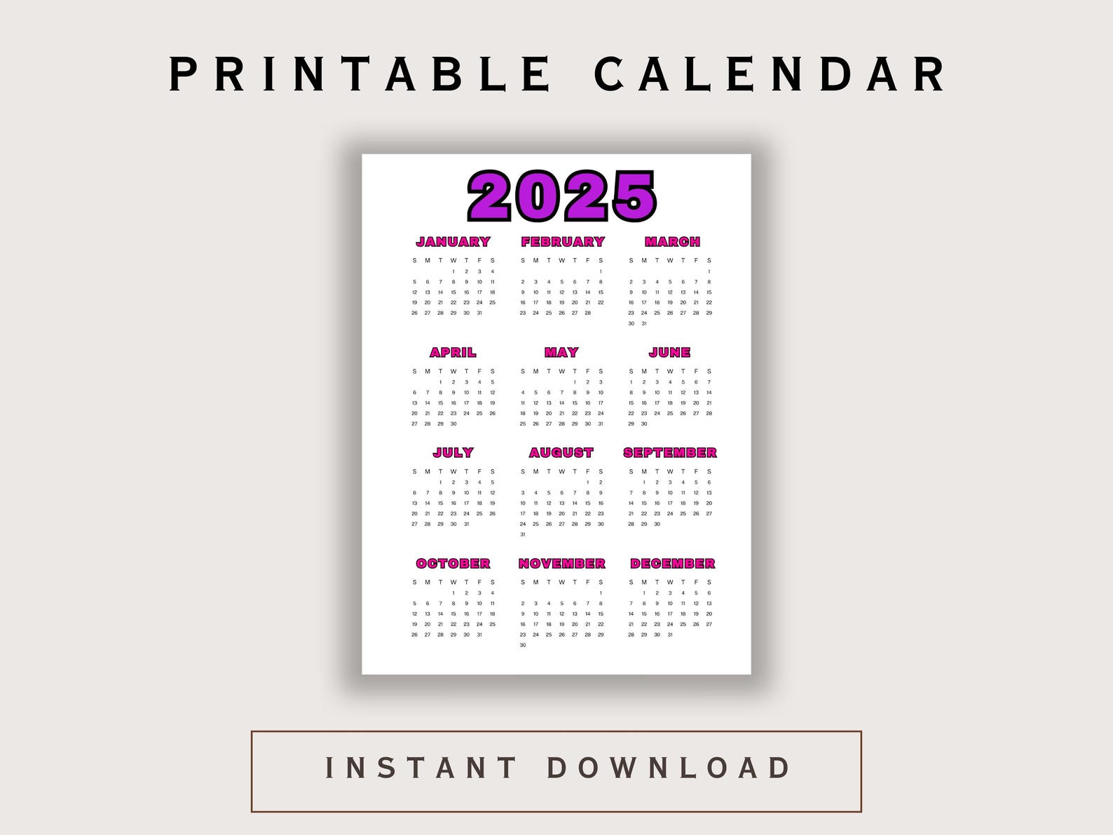 2025 Calendar- 12 Month - Single Page - PDF - Instant Download ...
