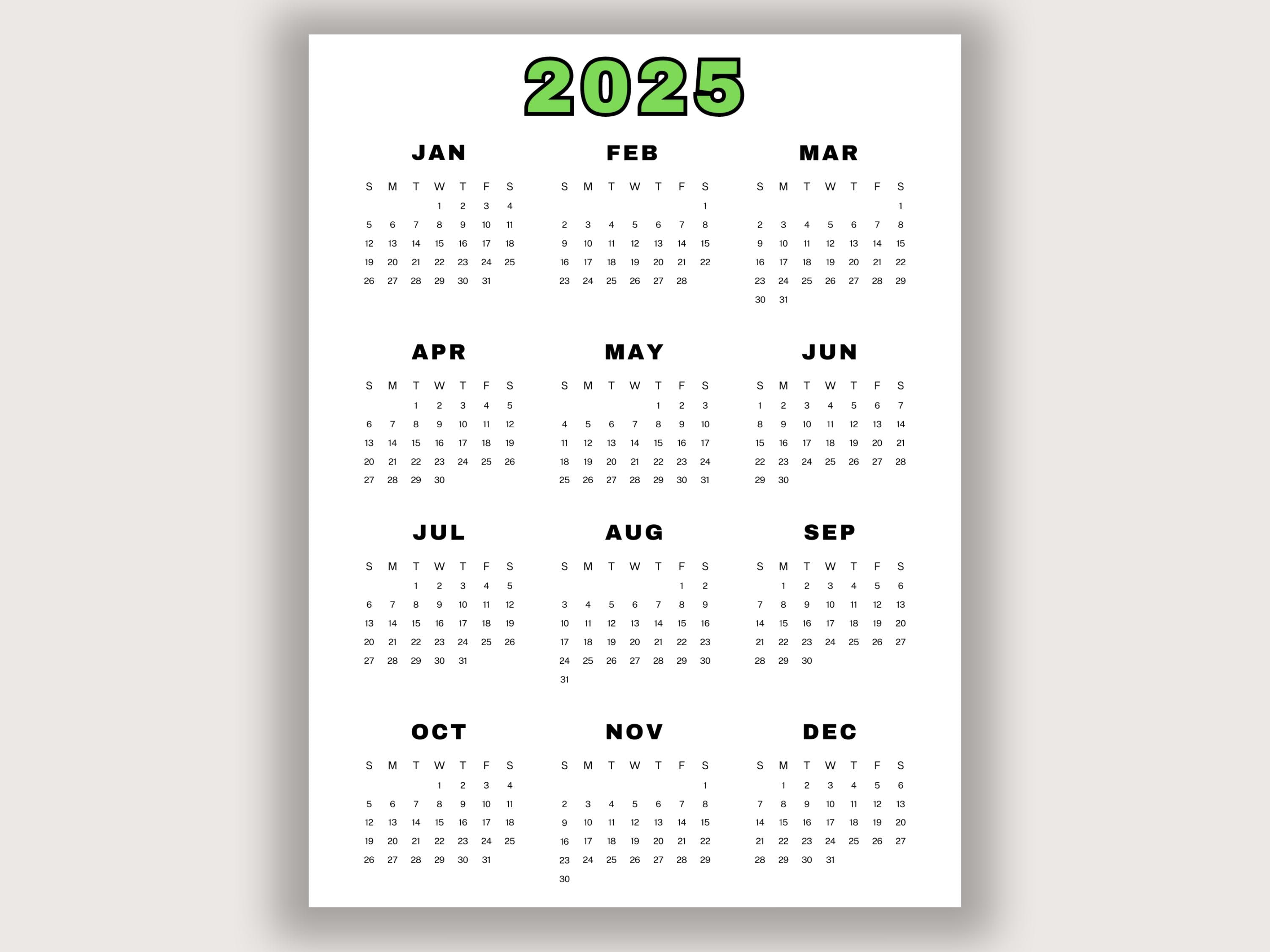 2025 Calendar- 12 Month - Single Page - PDF - Instant Download ...