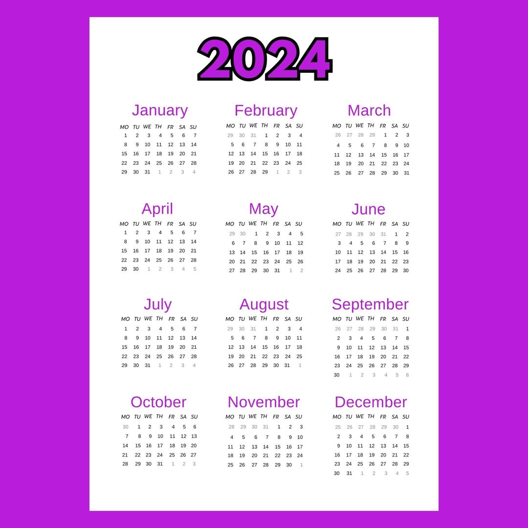 2024 Calendar 12 Month Single Page PDF Instant Download Printable - Etsy UK