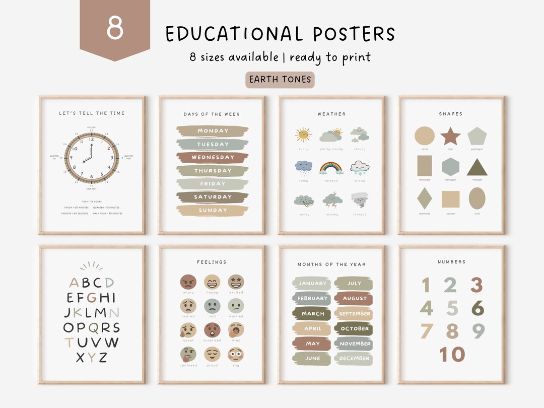 Set of 8 Educational Posters Neutral Kids Decor Montessori Classroom ...