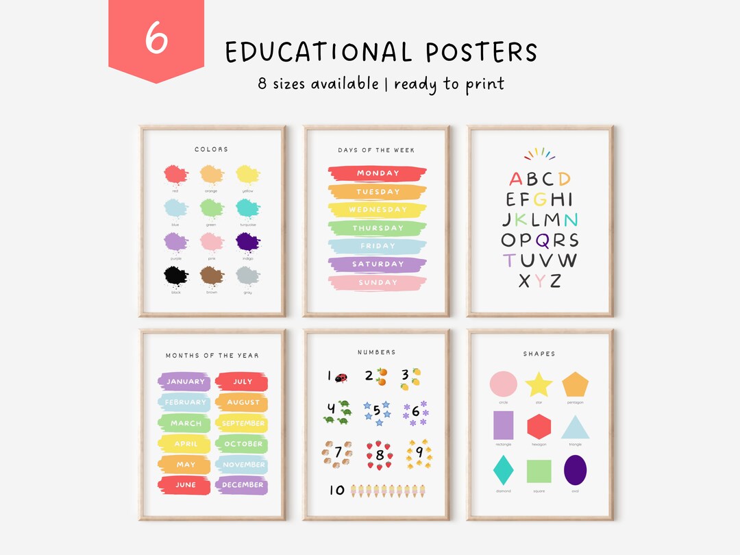 Set of Educational Posters for Kids 6 Rainbow Playroom Poster Playroom ...