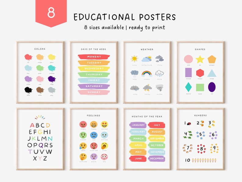 Set of Educational Posters for Kids 8 Educational Playroom Print ...