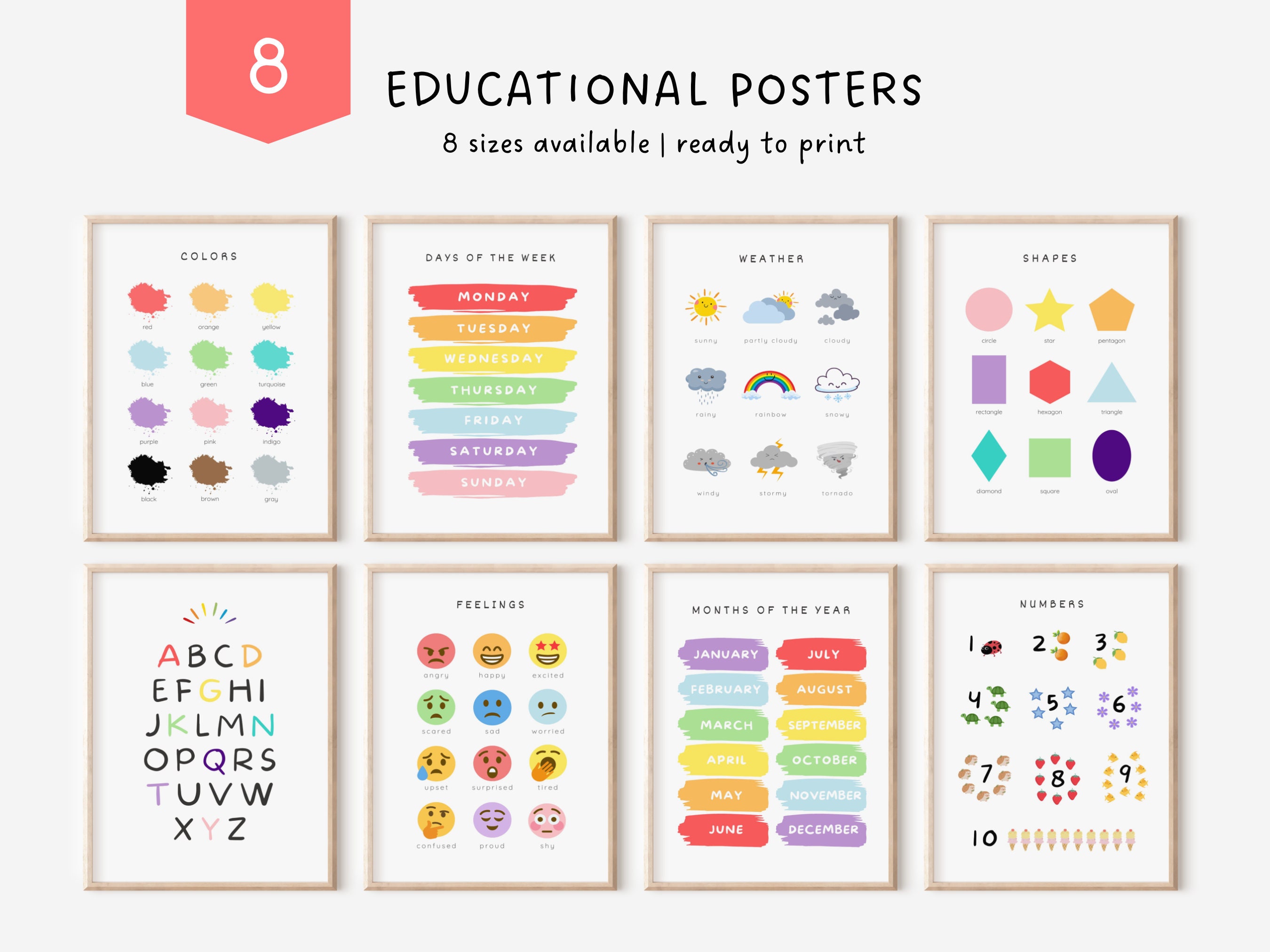 Set of Educational Posters for Kids 8 Educational Playroom Print ...
