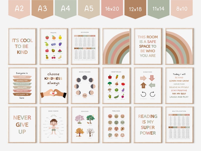 Set of Educational Posters for Kids Neutral Decor Montessori Classroom ...