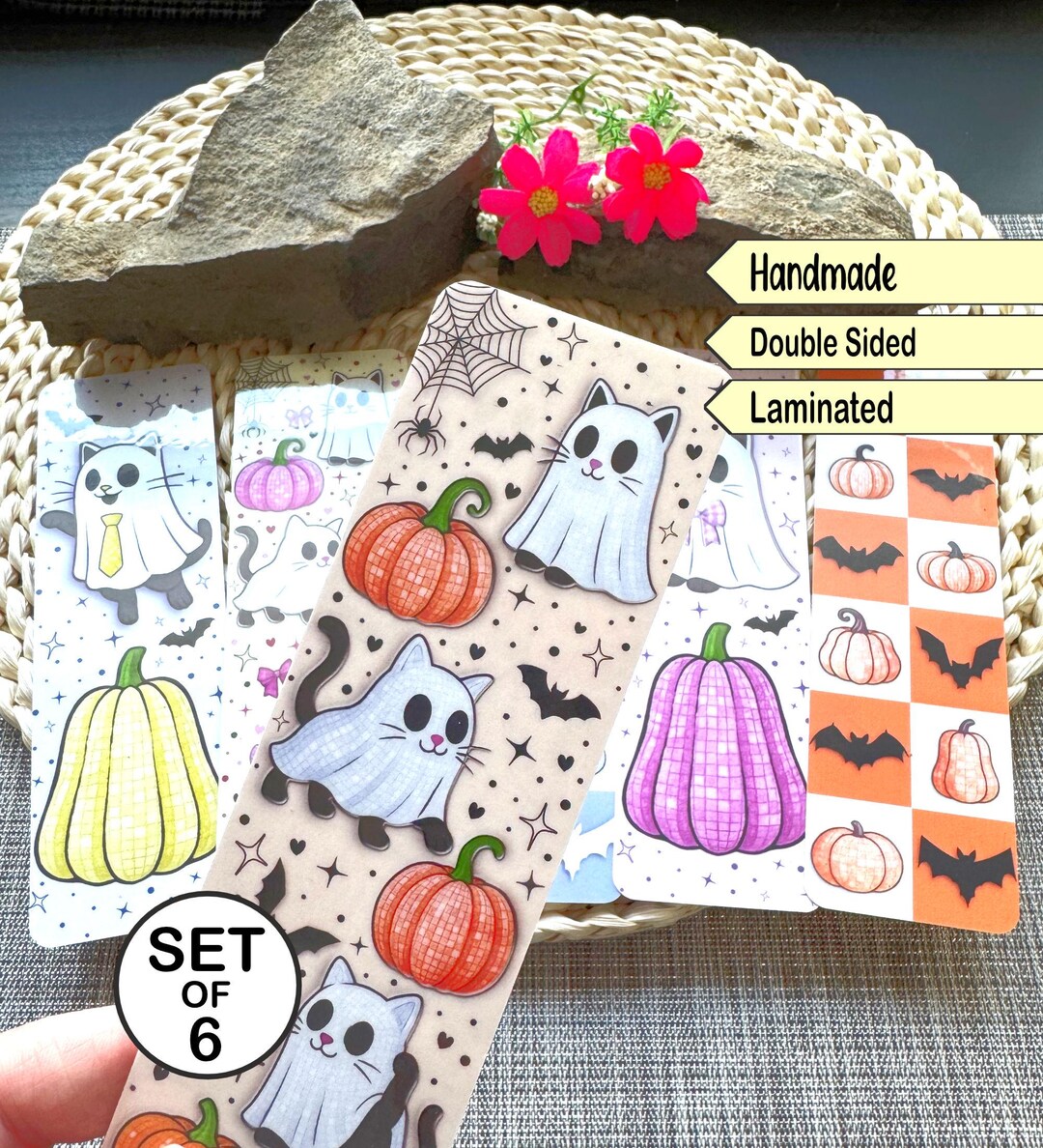 Halloween Bookmarks Set of 6: Black Cat Ghost, Mirror Ball Pumpkins ...