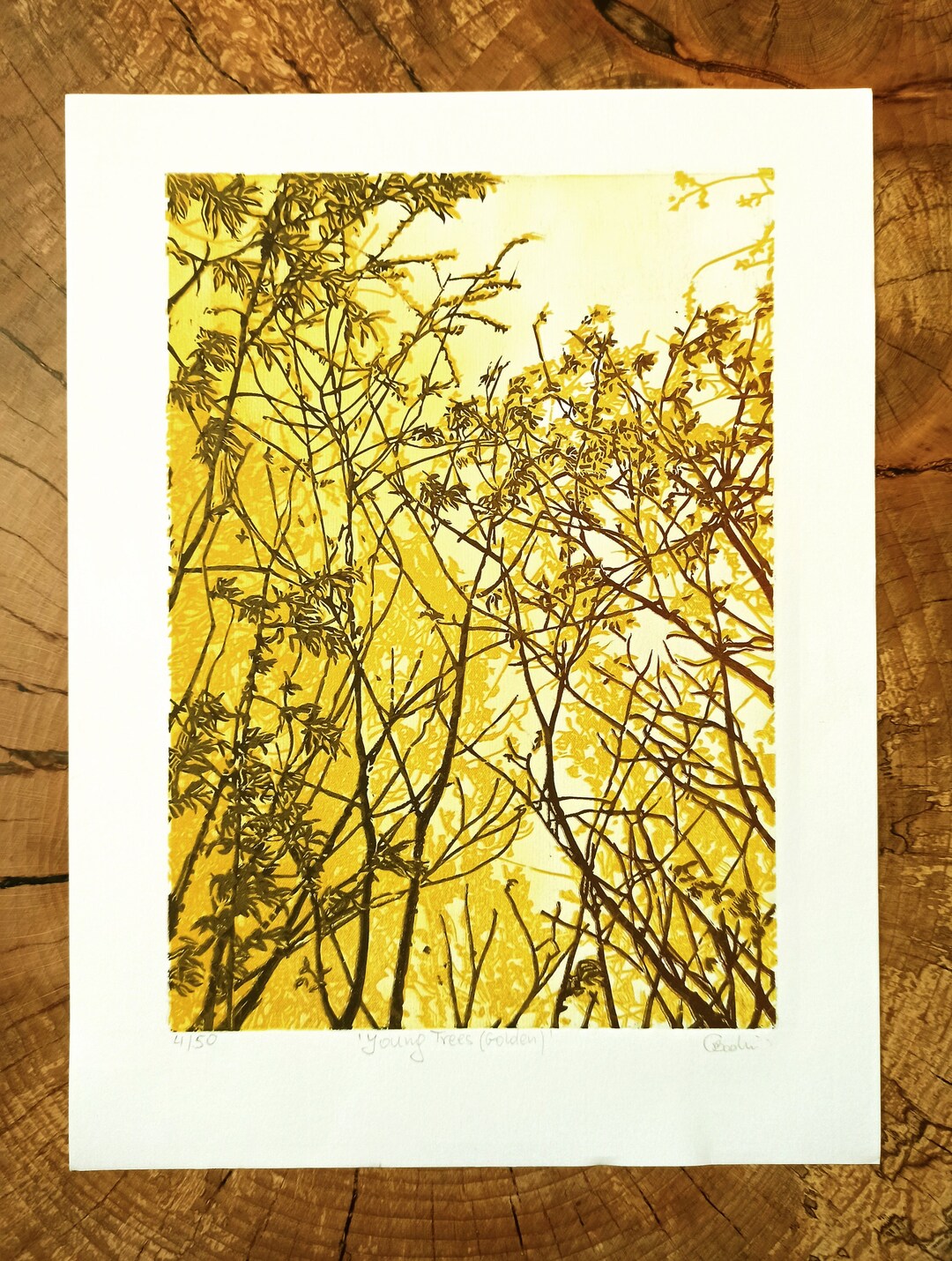 Original Linocut Print 'young Trees golden' Original Handmade Lino ...