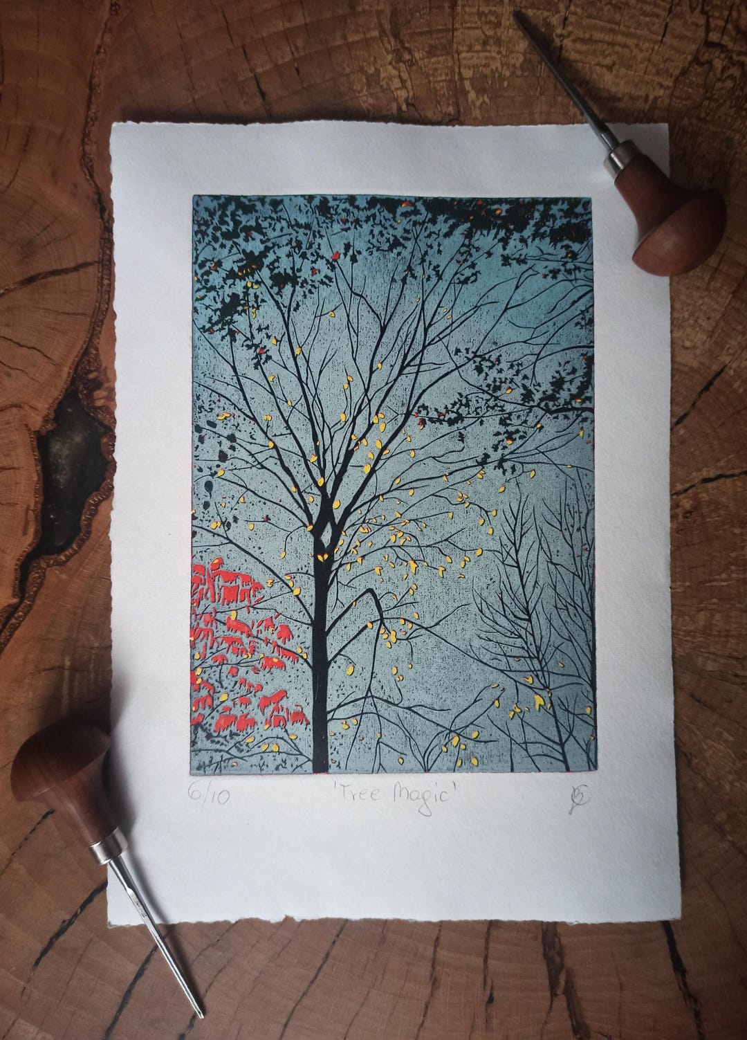 Original Linocut Print 'tree Magic' | Handmade Colour Reduction Print ...