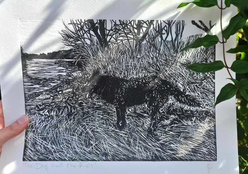 Original Linocut Print - 'the Dog and the River' | Black and White ...