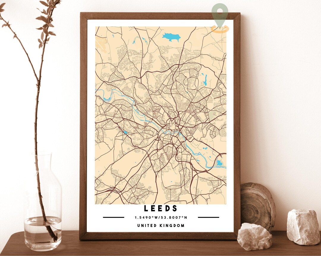 Mapa de Leeds, Impressão de Mapa de Leeds, Arte de Parede de Leeds ...