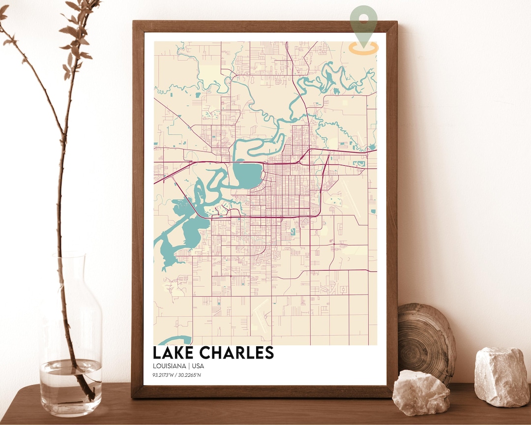 Lake Charles Map, Lake Charles Map Print, Lake Charles Wall Art, Lake ...