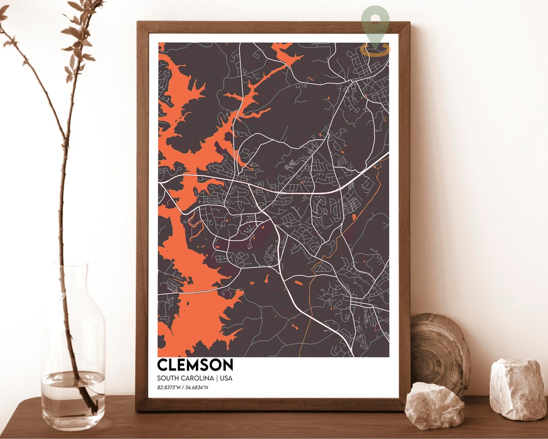 Clemson South Carolina, Clemson Map, Clemson Map Print, Clemson Gift ...