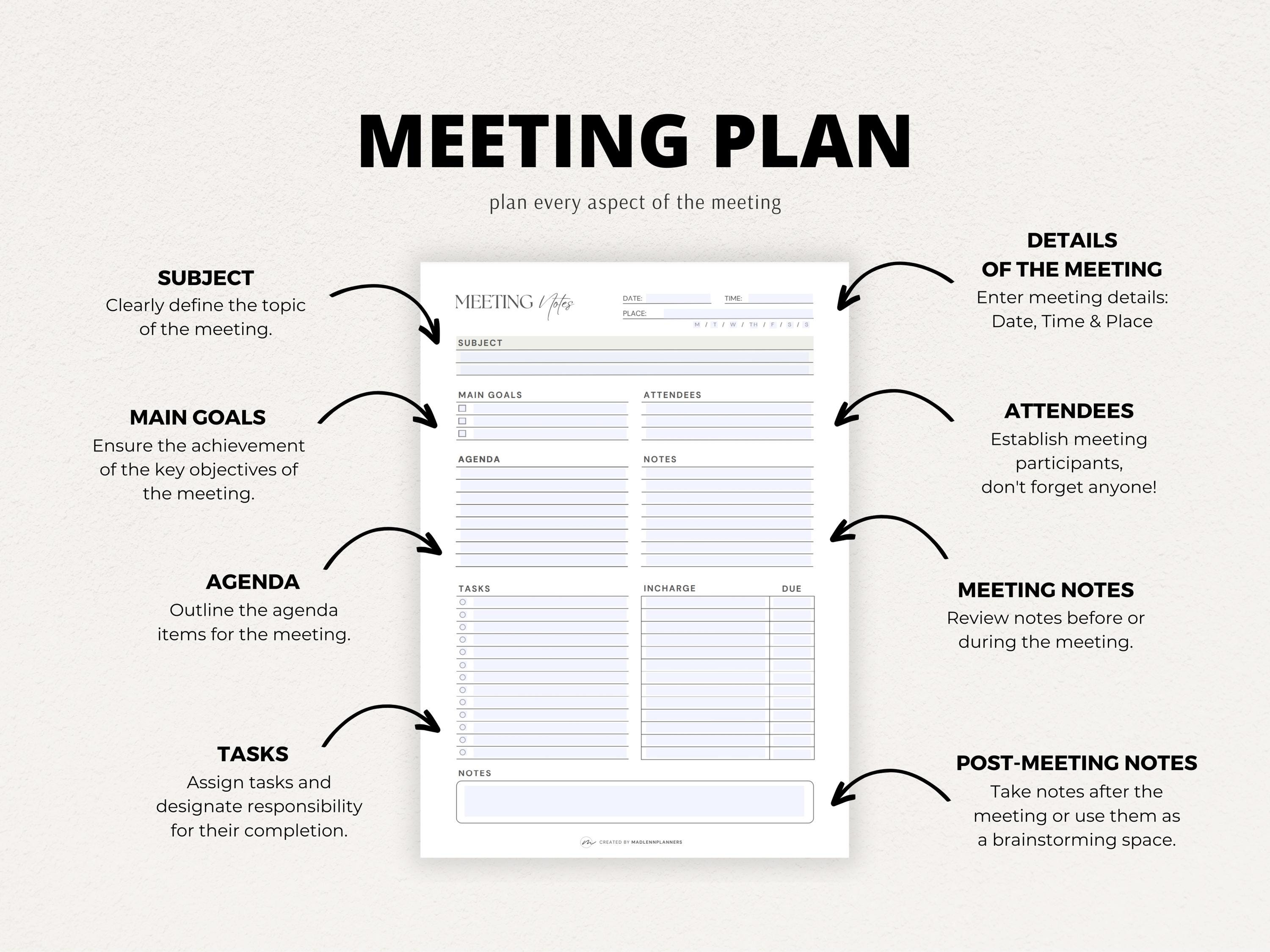 Editable Meeting Notes, Printable PDF Template for Productive Note ...