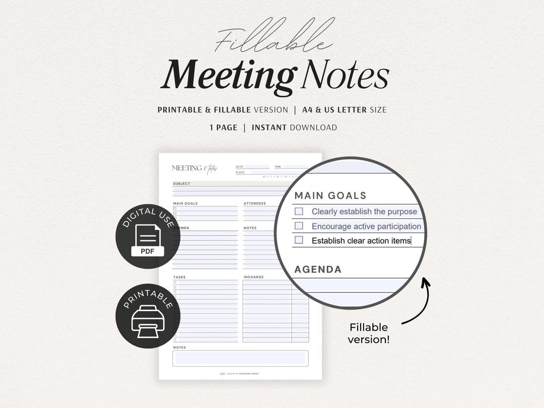 Editable Meeting Notes, Printable PDF Template for Productive Note ...