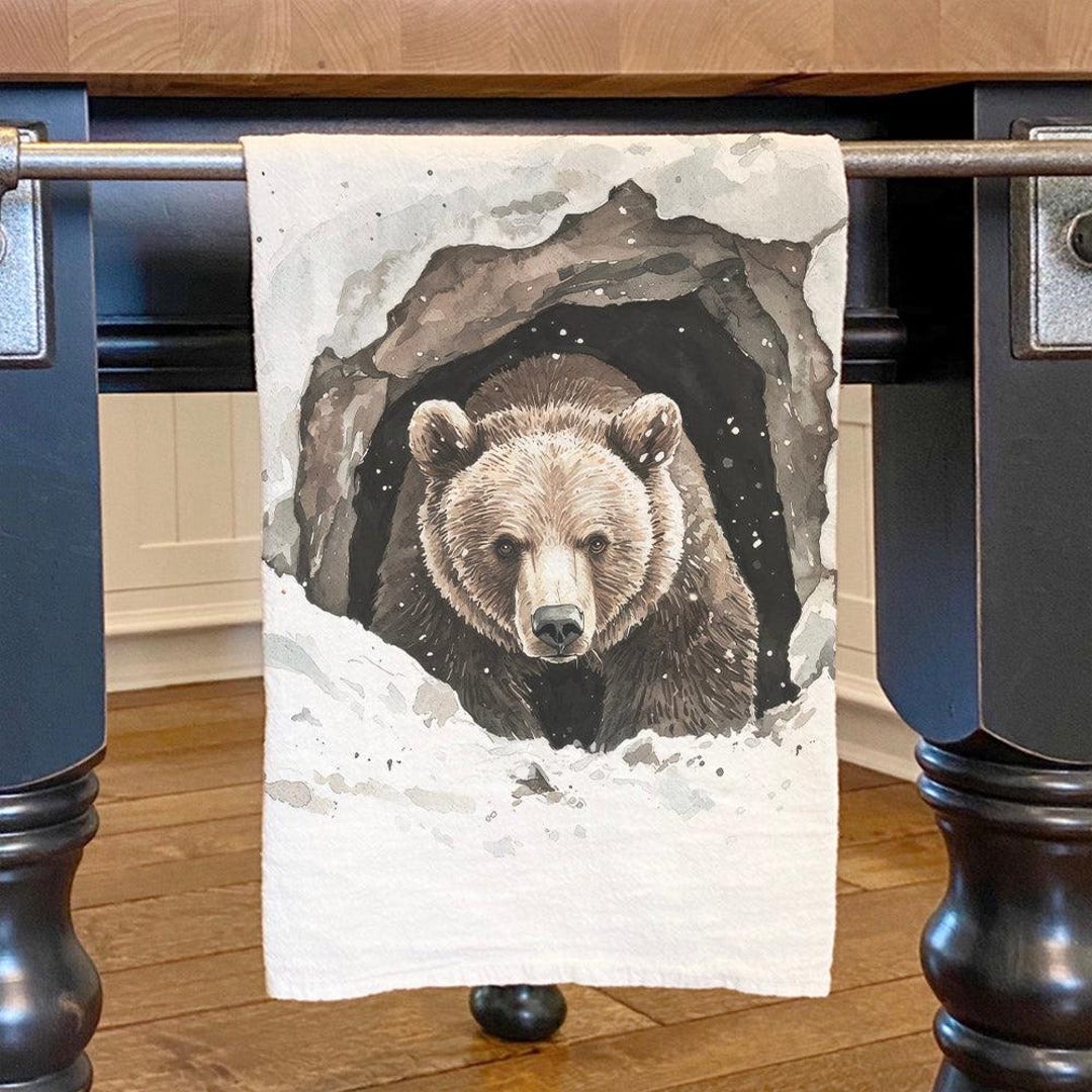 Winter Bear in Snowy Den - Cotton Tea Towel - Etsy
