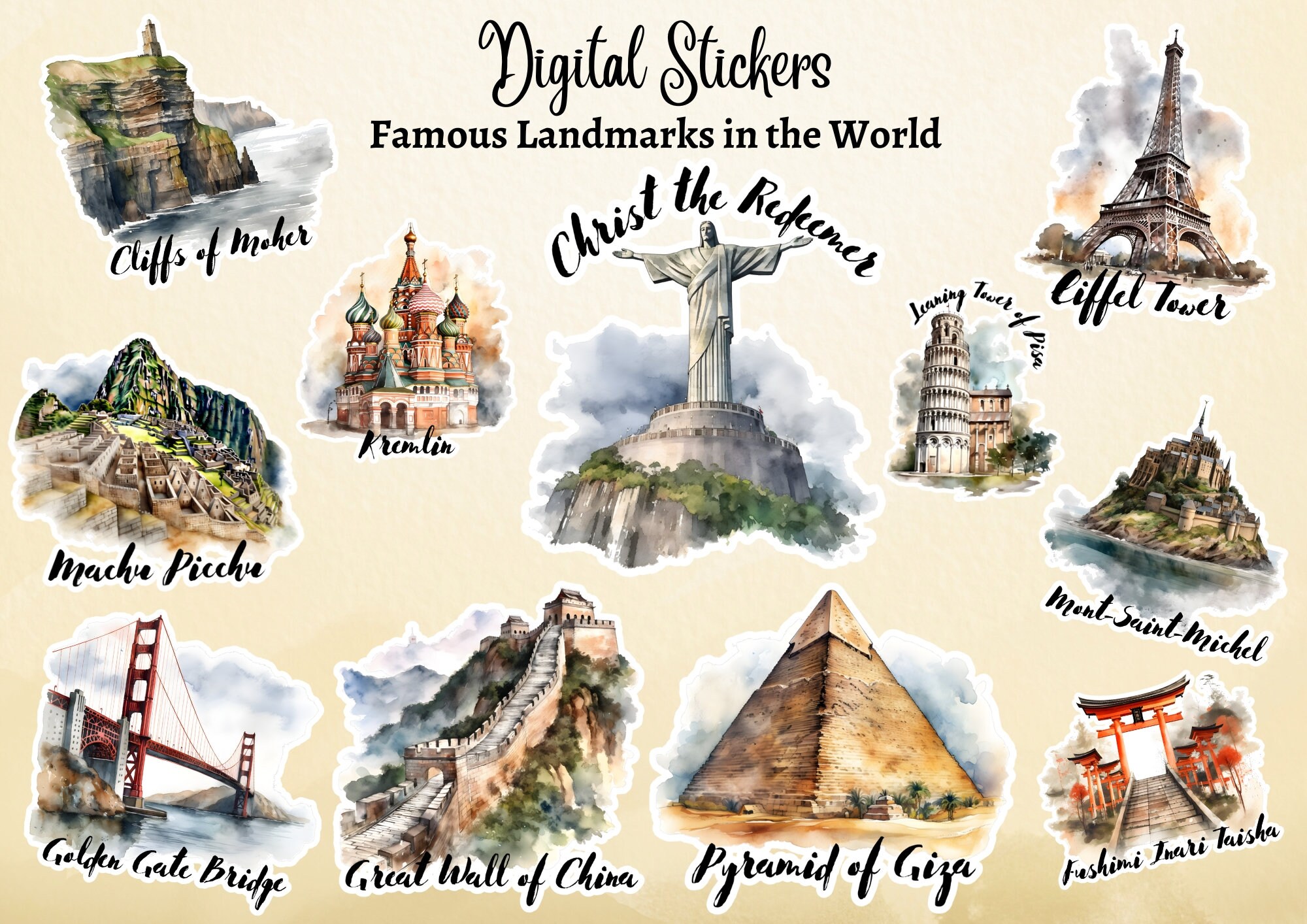 30 Watercolour Famous Landmarks Stickers Travel-themed - Etsy