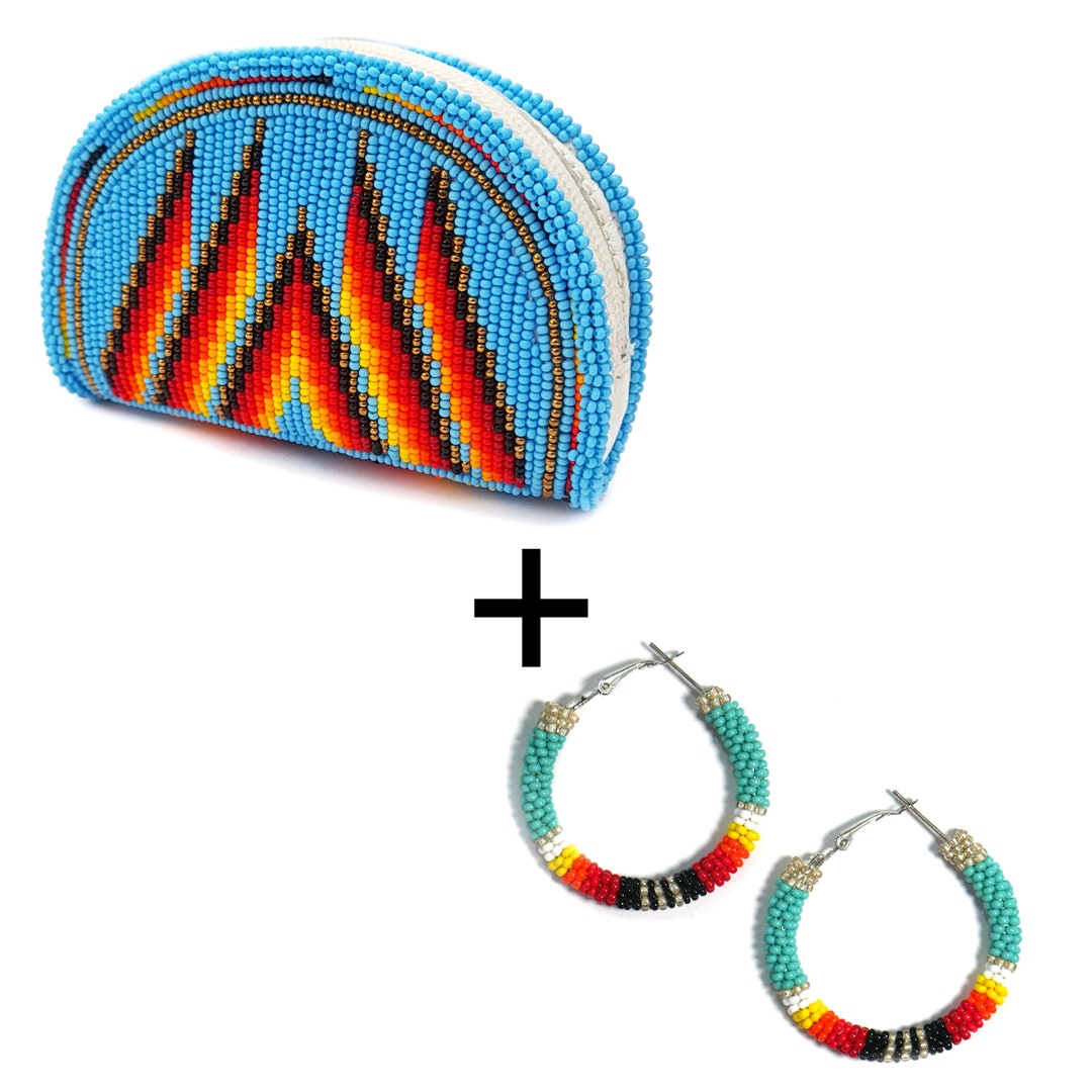 Black Native American Handmade Beaded Coin Purse+ Free Pair of Beaded ...
