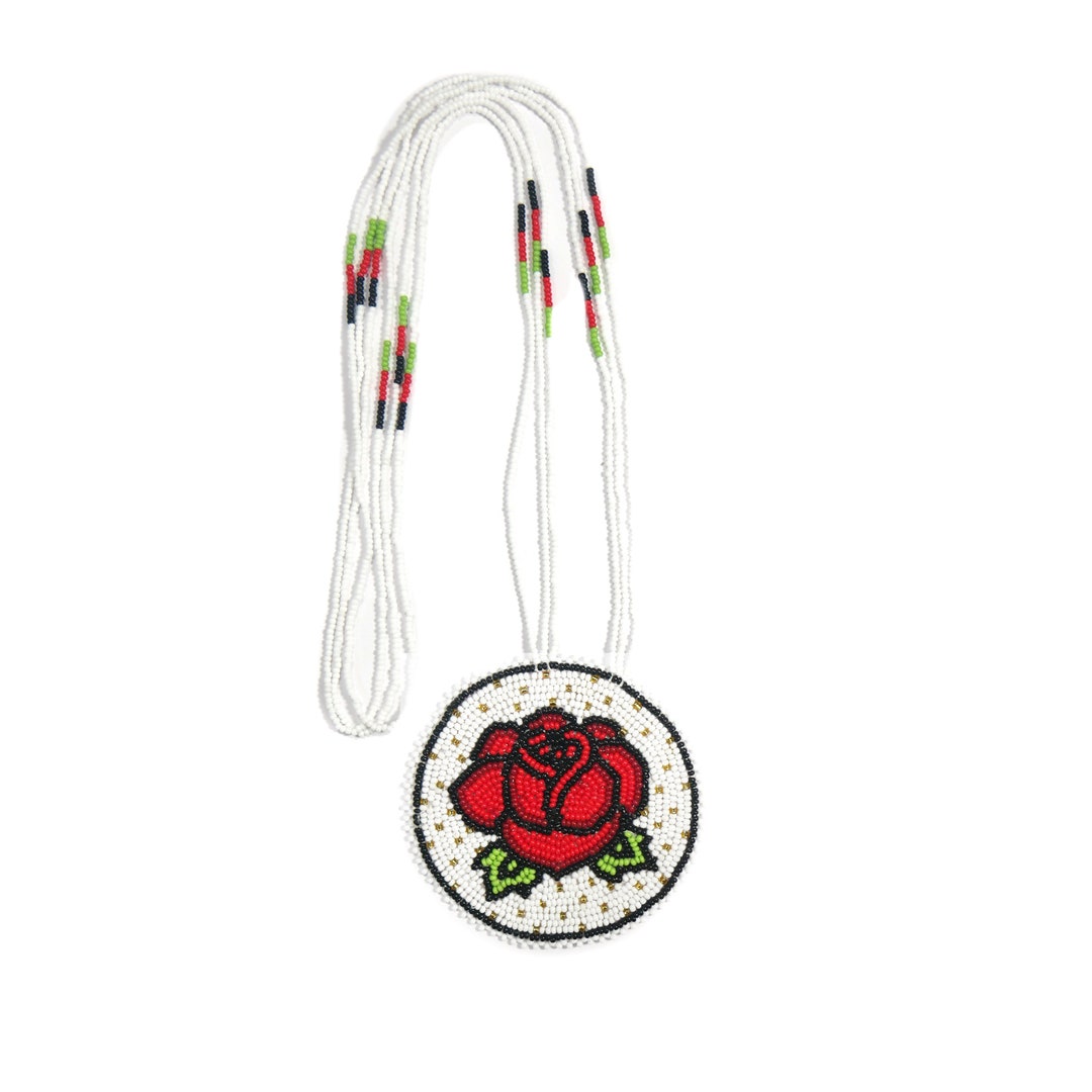 Red Rose White Beaded Medallion , Unisex Pendant, Medicine Wheel ...