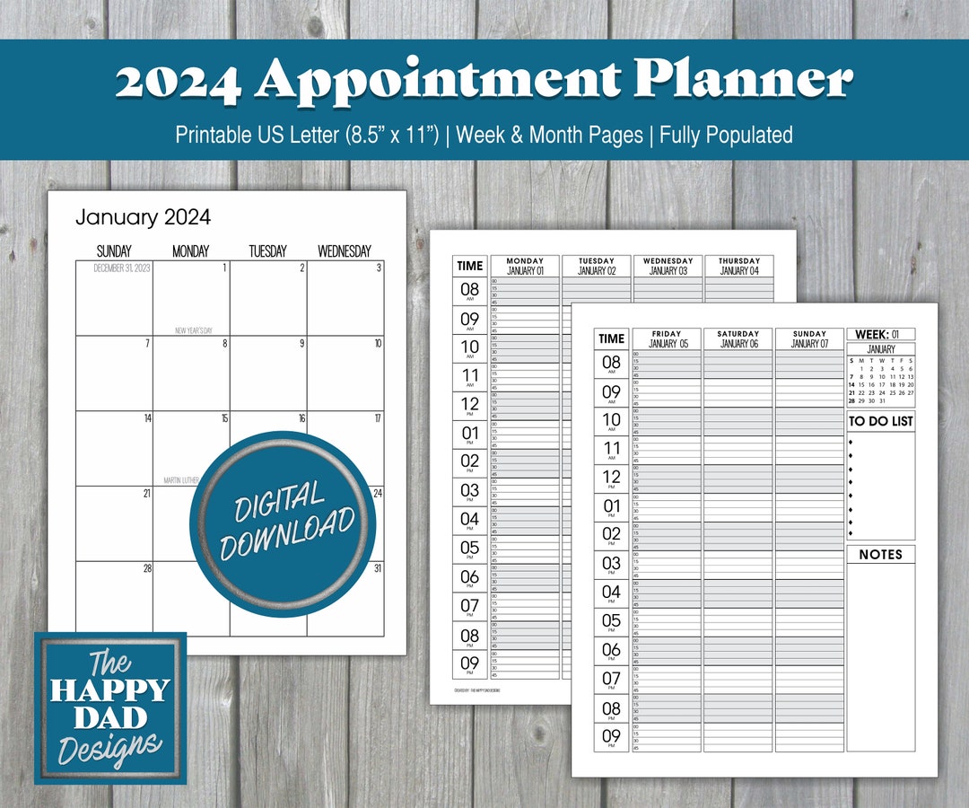 2024 Daily Appointment Planner; Monthly & Weekly Pages (15 Minute ...
