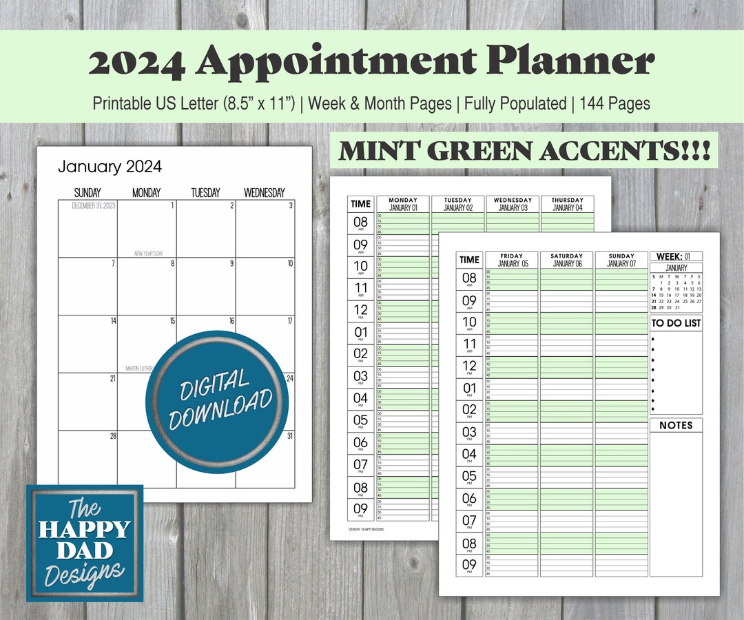 Mint Green 2024 Appointment Planner: 15-minute Increments (digital ...