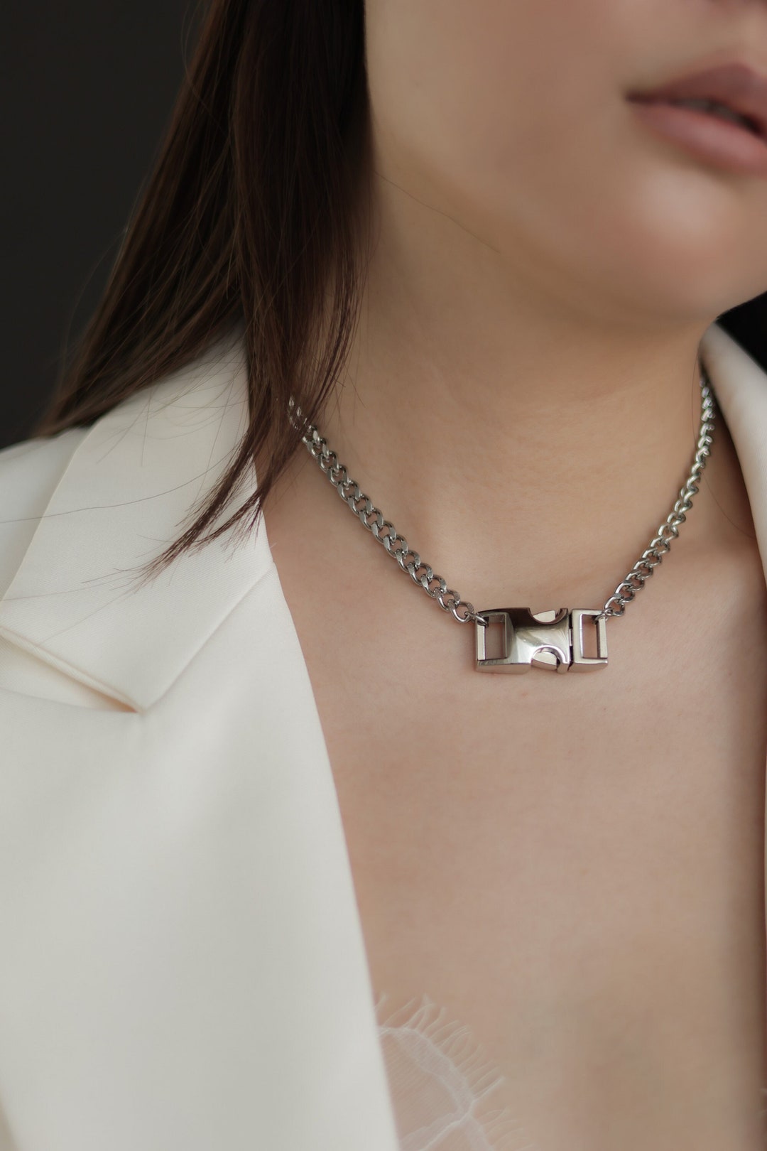 Silver Buckle Necklace | Chunky Buckle Chain Necklace | Silver Lock ...