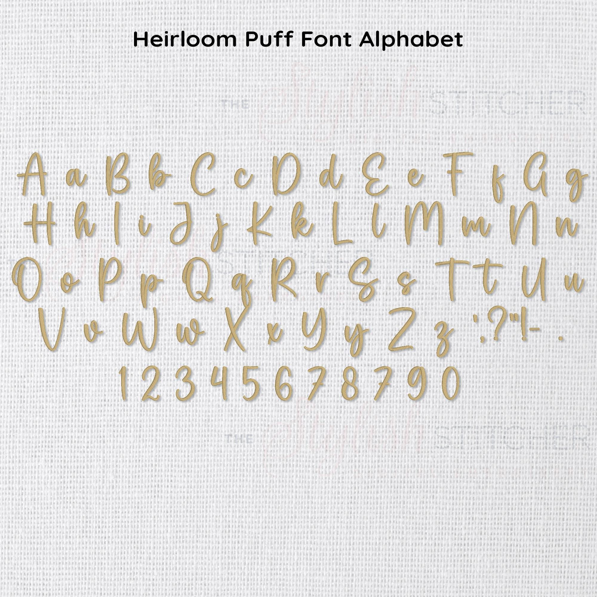Heirloom 3D Puff Cursive Script Embroidery Font; 6 Sizes, Instant ...