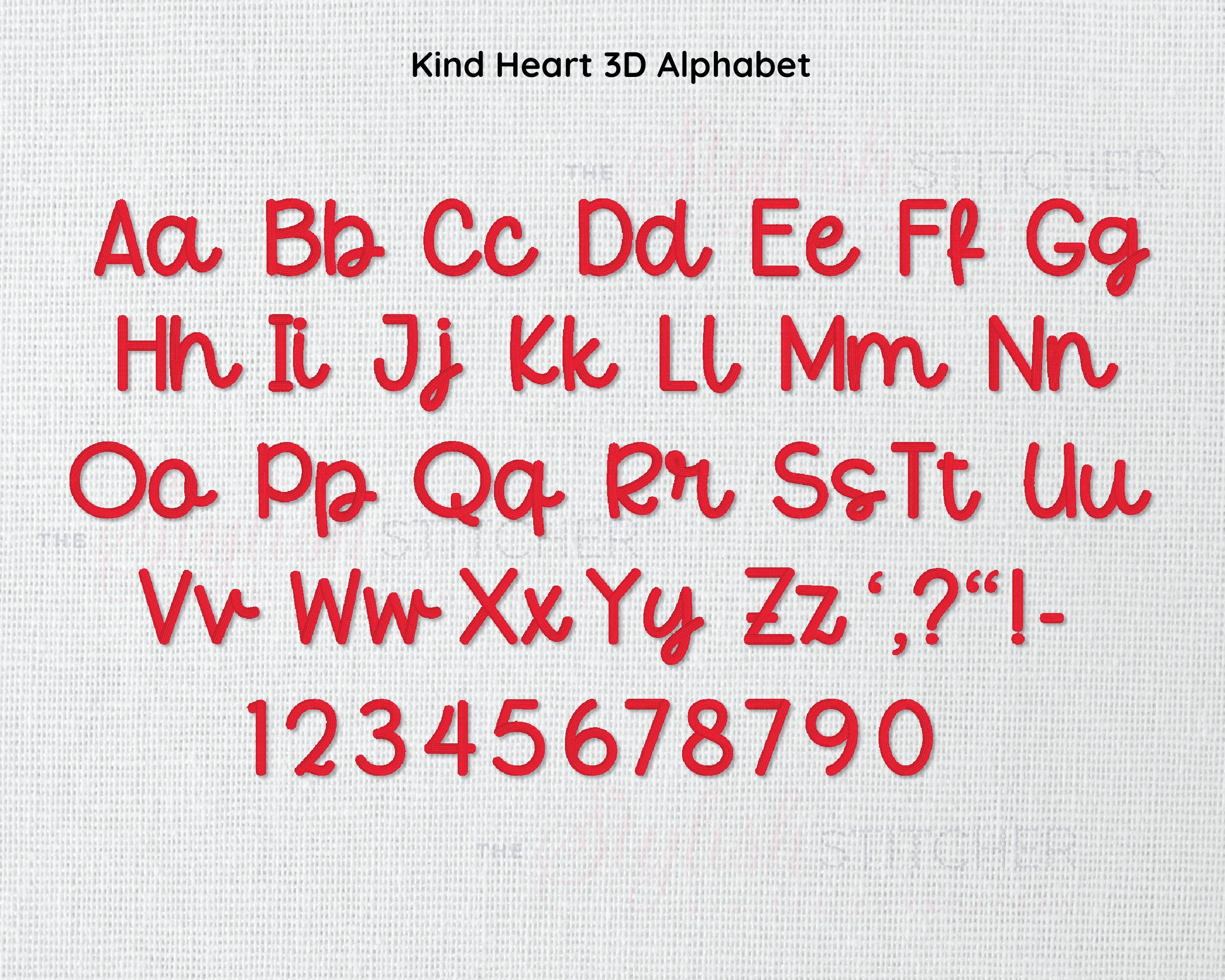 Kind Heart 3D Puff Cursive Script Embroidery Font; 6 Sizes, Instant ...